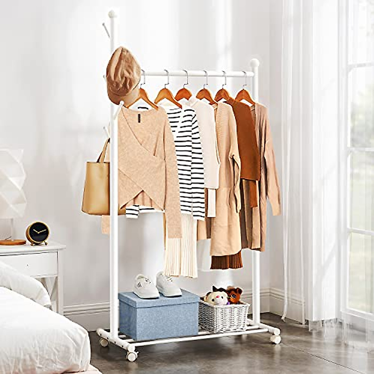 JZM Clothing Racks for Hanging Clothes, Rolling Clothes Rack, Rolling Garment Rack, Multi-functional Garment Rack Freestanding Hanger with 5 Rods, Side Hooks and Lockable Wheels, White Clothing Rack