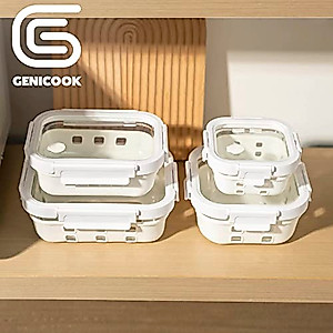 GENICOOK Borosilicate Tempered Glass Food Storage Containers with Glass Lids - Food Grade Silicone Wrap & Air Release Vent, Rectangular shape - 8 Pc Set (4 Containers - 4 Matching Lids) White