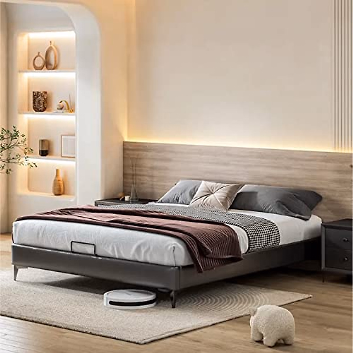 No headboard Design, Bed Frame with Drawers, Storage Bed, Double Bed (Obsidian Night Black)