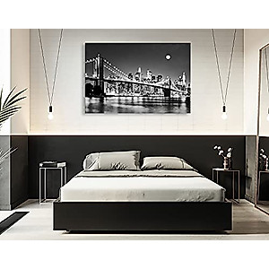Baisuart-Q30369 Brooklyn Bridge Night View 1 Panels Landscape Artwork Canvas Prints Moon Night New York City Scene Picture Paintings Black and white Wall Art for Oiffce Home Decorations Wall Decor