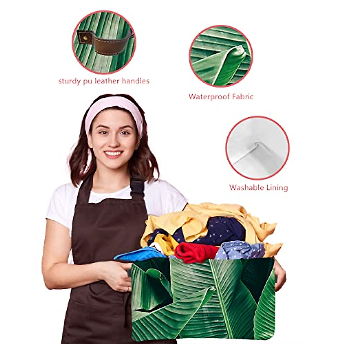 Storage Basket Summer Green Banana Leaves Storage Bin with Handles, Tropical Nature Plant Collapsible Organizer Storage Cubes Bins for Closet, Laundry Clothes, Bathroom, Nursery Toys