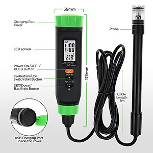 JuviPerpric Dissolved Oxygen Meter,Dissolved Oxygen Test Kit with Floating Probe, LED, 9.8Ft Cable Electrode, ATC, Digital Rechargeable DO Meter for Fish Tanks and Aquarium