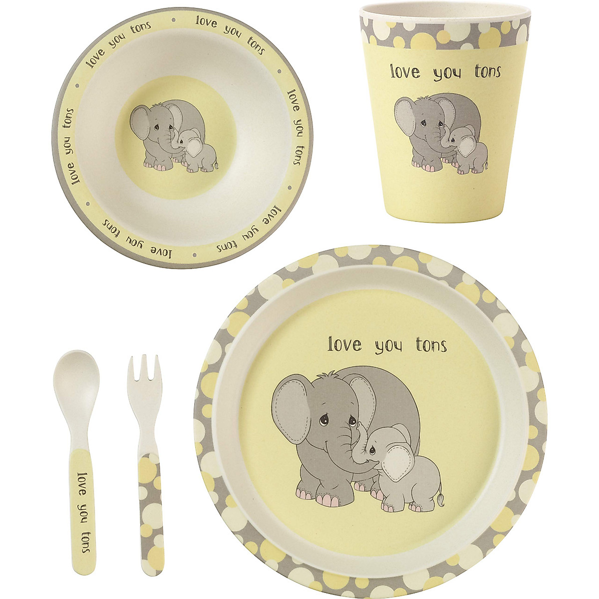 Precious Moments Love You Tons Elephant Bamboo Toddler Mealtime Feeding and Dinnerware Set of 5, 182418