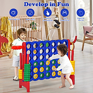 Costzon Giant 4-in-A-Row, Jumbo 4-to-Score Giant Game w/Basketball Hoop, Ring Toss, Quick-Release Slider, 42 Jumbo Rings, Indoor Outdoor Family Connect Game for Kids & Adults, Backyard Games, Red