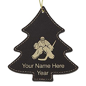 LaserGram Faux Leather Christmas Ornament, Hockey Goalie, Personalized Engraving Included (Black with Gold, Tree)