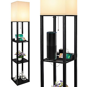 SHINE HAI 3-in-1 Shelf Floor Lamp with 2 USB Ports and 1 Power Outlet, 3-Tiered LED Shelf Floor Lamp, Shelf & Storage & LED Floor Lamp Combination, Modern Standing Light for Living Room, Bedroom
