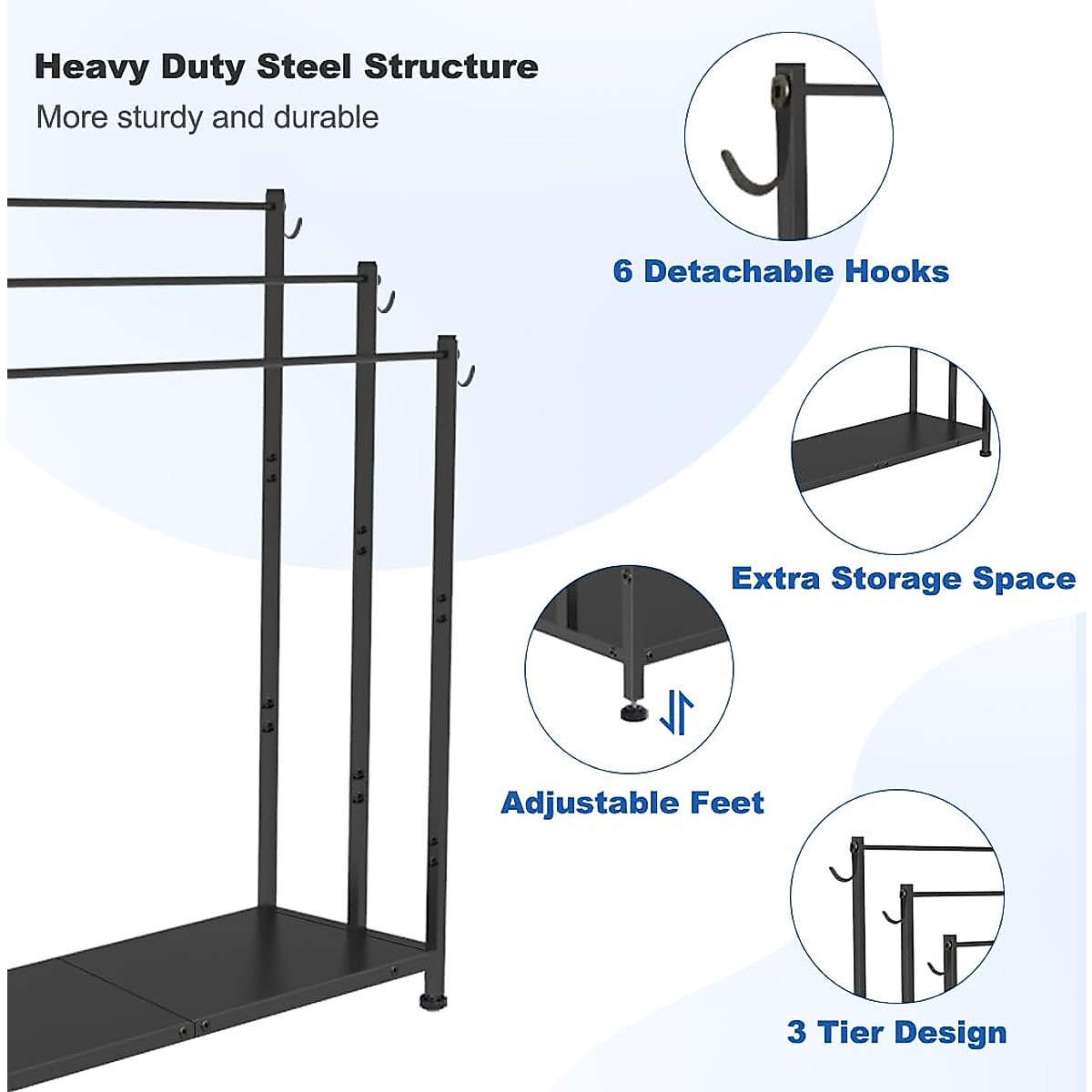 AnBaiMei Extra Large Free Standing Towel Rack with Metal Storage Shelf & 6 Hooks for Bathroom, 3 Tiers Heavy Duty Blanket Drying Stand Holder for Outdoor Pool, Bedroom, Living Room, Black