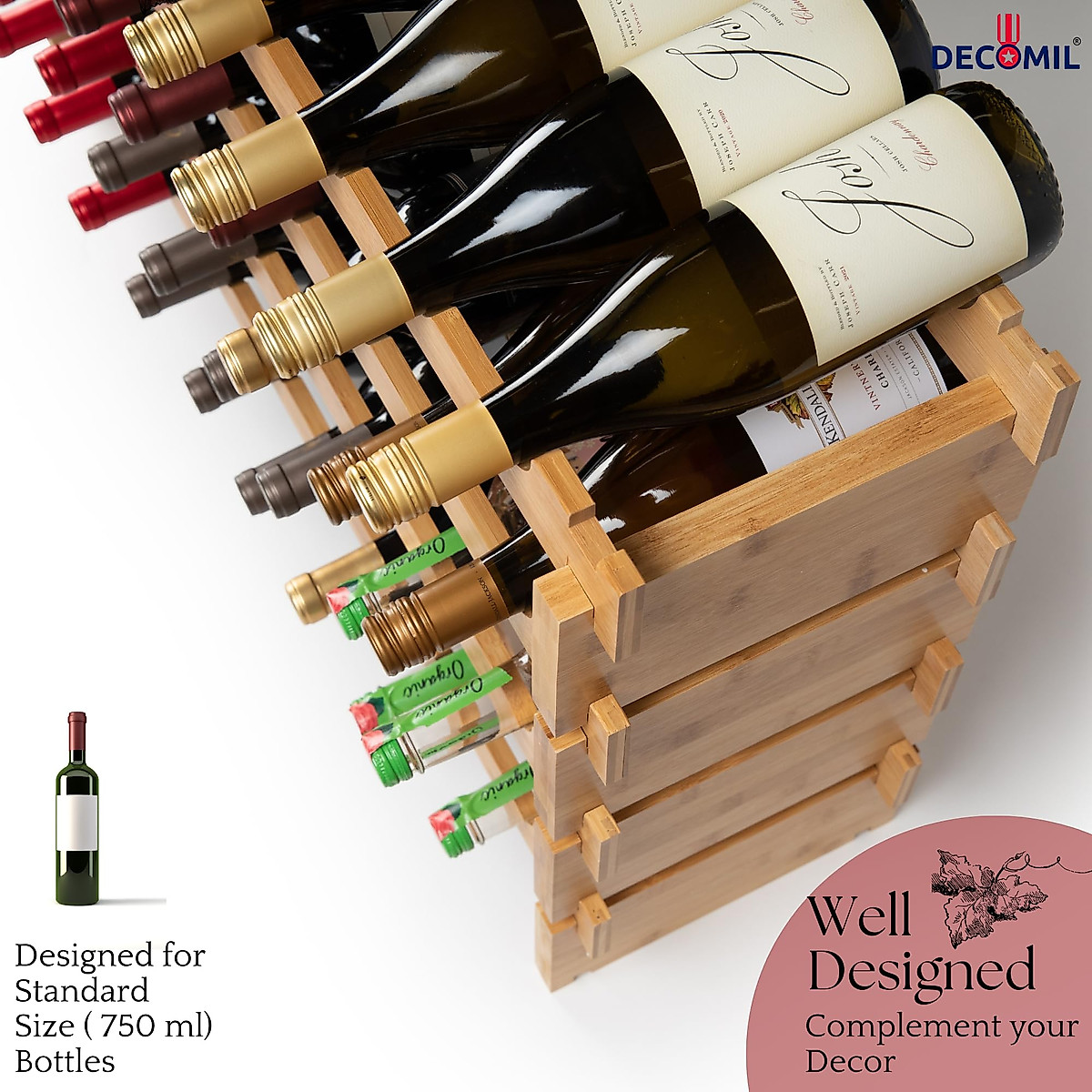 DECOMIL - 36 Bottle Large Wine Rack , Stackable & Modular Wine Storage Rack , Solid Bamboo Wine Holder Display Shelves, Wobble-Free (Four-Tier, 36 Bottle Capacity)