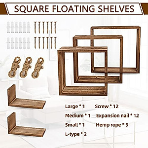 Decoroca Floating Hanging Square Shelves - Set of 5 Wall Mounted Decor Rustic Wood Cube Photo Plant Display Shadow Boxes Decorative Shelf, Home Office Decoractions for Living Room Bedroom, Brown