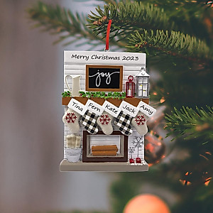 Personalized Christmas Ornaments 2023 Fireplace Mantle Family of 2/3/4/5/6 Custom Name Stockings Joy Ornament for Xmas Tree Decorations Gifts Keepsake - Family of 5