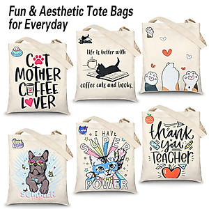 COZYMATE Gift for Women Cat Coffee Book Worm Canvas Tote Bag With Cute Brooch Pin Heavy Duty Cotton Shopping Bag for Weekend Overnight School Book (coffee book cat)