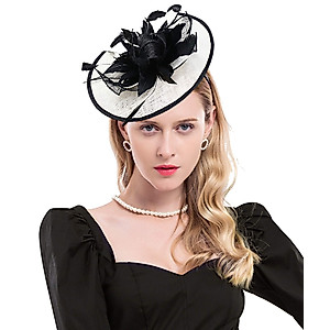 Z&X Sinamay Fasciantor Derby Church Hats for Women Floral Feather Wedding Tea Party Headpiece with Headband Clip Black and White