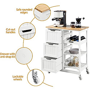 Yaheetech Kitchen Island Cart on Wheels with 3 Drawers and 3 Open Shelves, Rolling Kitchen Island Coffee Bar Trolley with Bamboo Countertop, Removable Tray & Lockable Casters for Dining Room, White