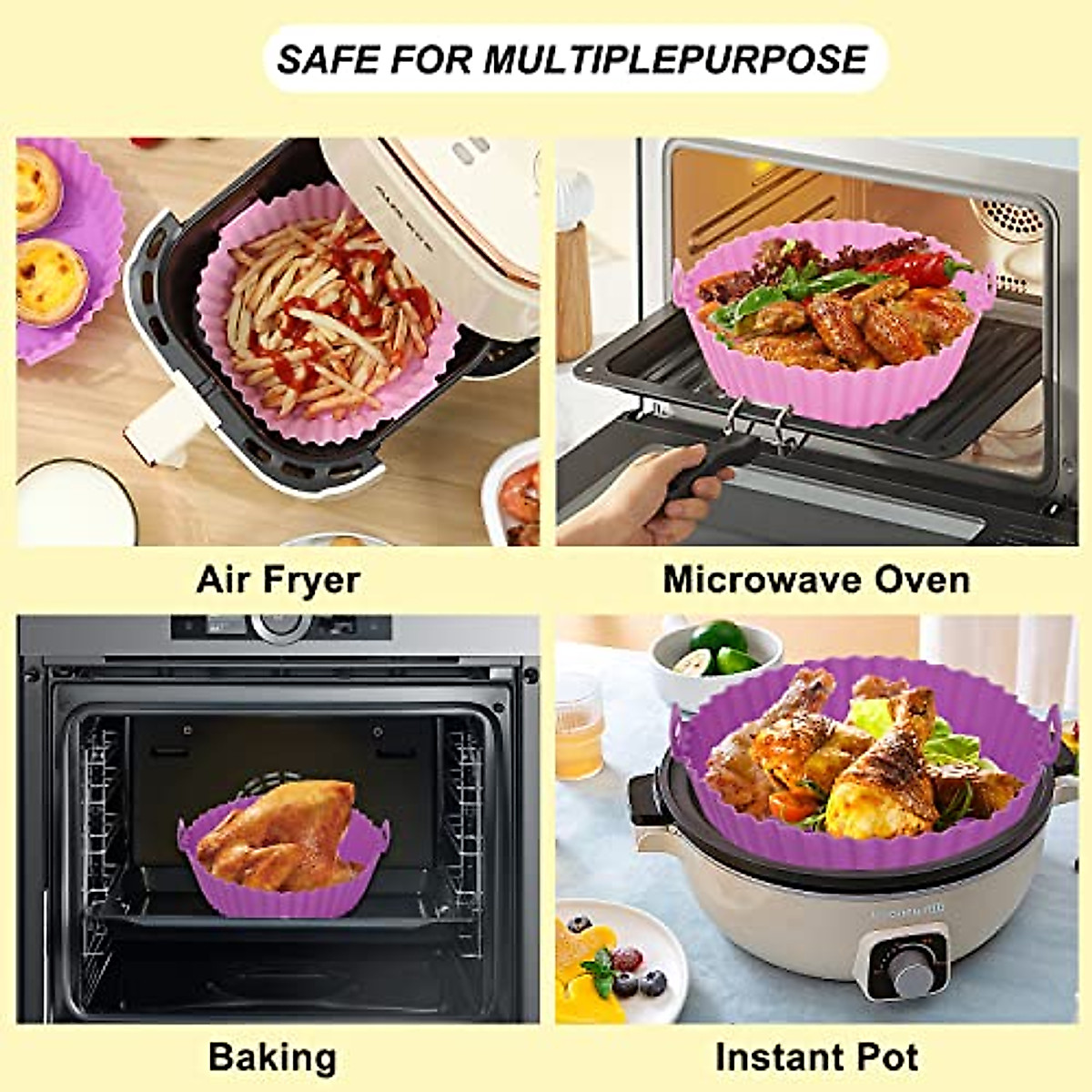 3 PCS of Air Friyer Liner, Air Fryer Silicone Liners Comes with Refillable Stainless Steel Grinder, Silicone Airfryer Liners, Round Air Fryer Accessories,Pink and Purple Silicone Air Fryer Liner