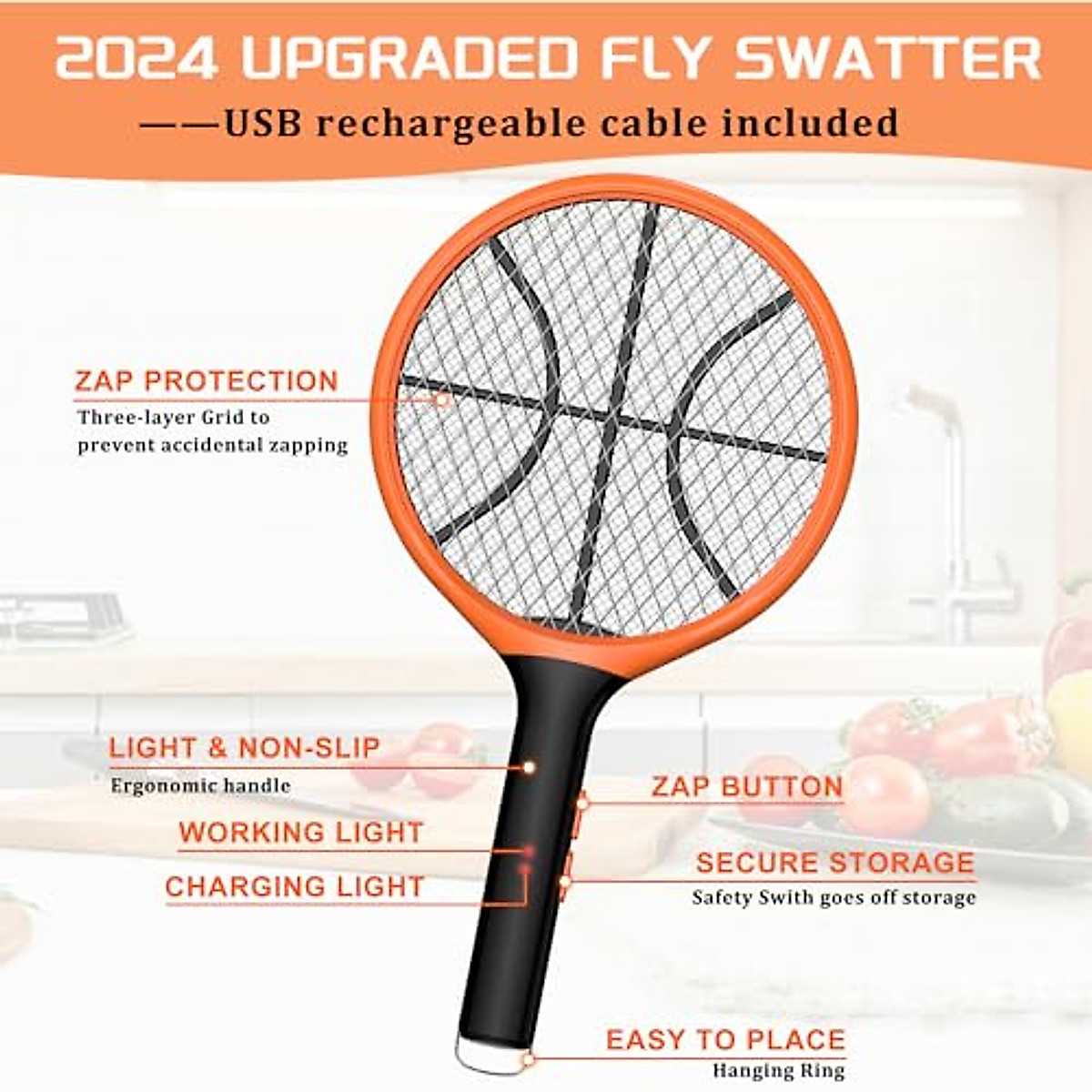 LUOJIBIE Electric Fly Swatter, Bug Zapper Racket Rechargeable Mosquito Zapper Handheld Fly Zapper with Hanging Ring for Home Indoor Outdoor, Large Size-1 Pack