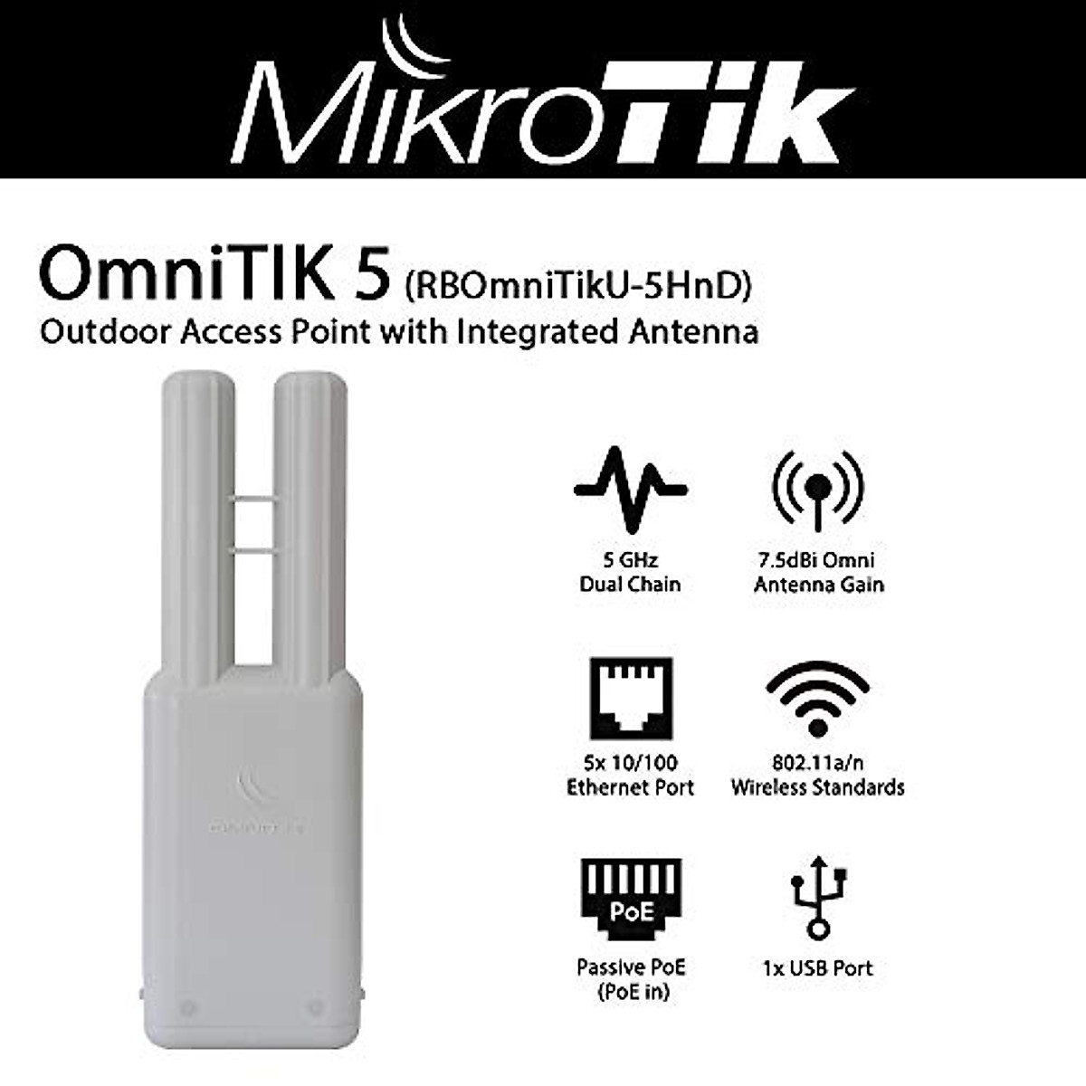Mikrotik OmniTIK U-5HnD, RBOmniTikU-5HnD. Weatherproof outdoor wireless AP, router, client and bridge, POE, OSL4.