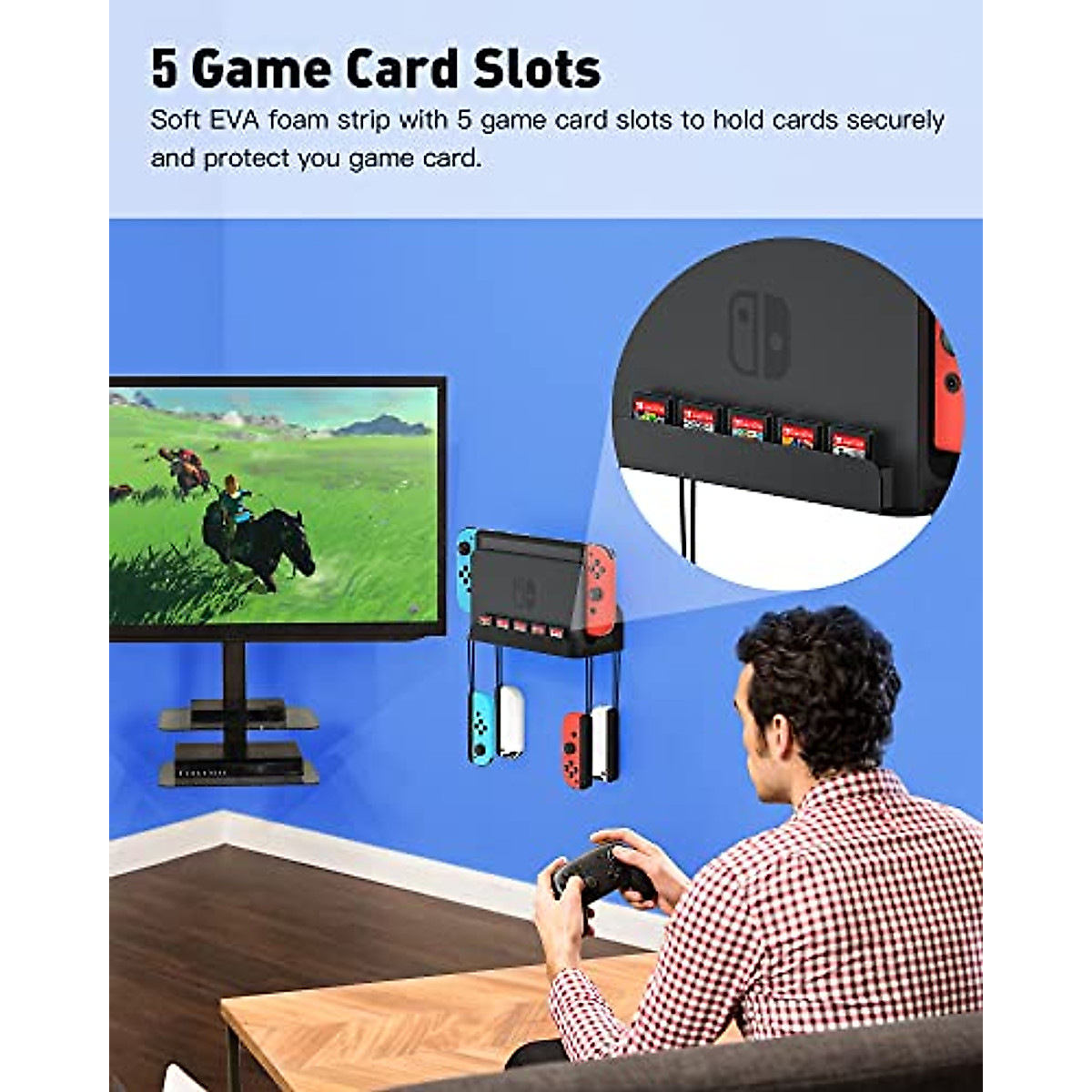 ZAONOOL Wall Mount for Nintendo Switch and Switch OLED, Wall Mount Kit Shelf Stand Accessories with 5 Game Card Holders and 4 Joy Con Hanger, Safely Store Your Switch Console Near or Behind TV (Black)