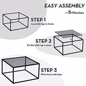 SAYGOER Glass Coffee Table, Small Modern Coffee Table Square Simple Center Tables for Living Room 26.7 x 26.7 x 15.7 Inches, Gray Black