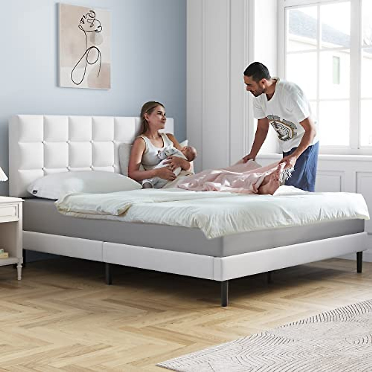 Molblly Queen Bed Frame Upholstered Platform with Headboard and Strong Wooden Slats,Non-Slip and Noise-Free,No Box Spring Needed, Easy Assembly,White