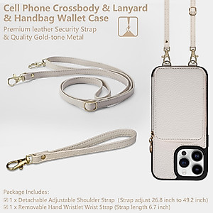 Keallce Compatible with iPhone 15 Pro Max 6.7 inch Case Wallet, Crossbody Zipper with RFID Blocking Card Slots Kickstand, Lanyard & Handstrap Flip Leather Cover for iPhone 15 Pro Max 2023, Beige