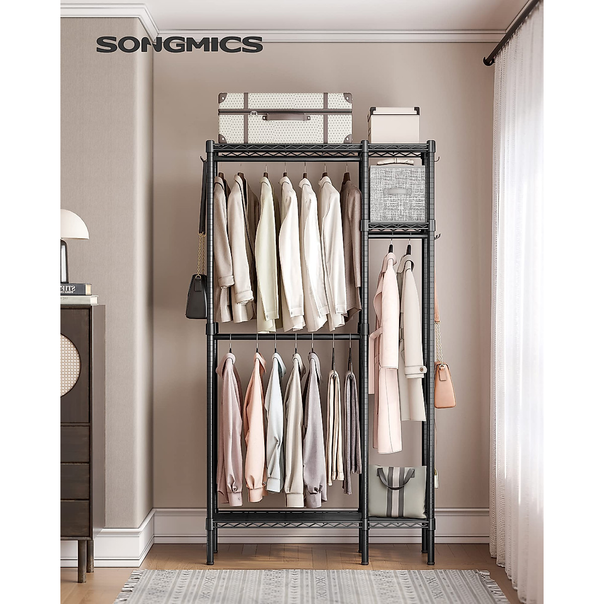 SONGMICS Garment Rack Heavy Duty Clothes Rack, Freestanding Portable Wardrobe Closet for Hanging Clothes with 1 Storage Box, 8 Hooks, Adjustable Wire Shelves, 3 Hanging Rods, Black ULGR421B01