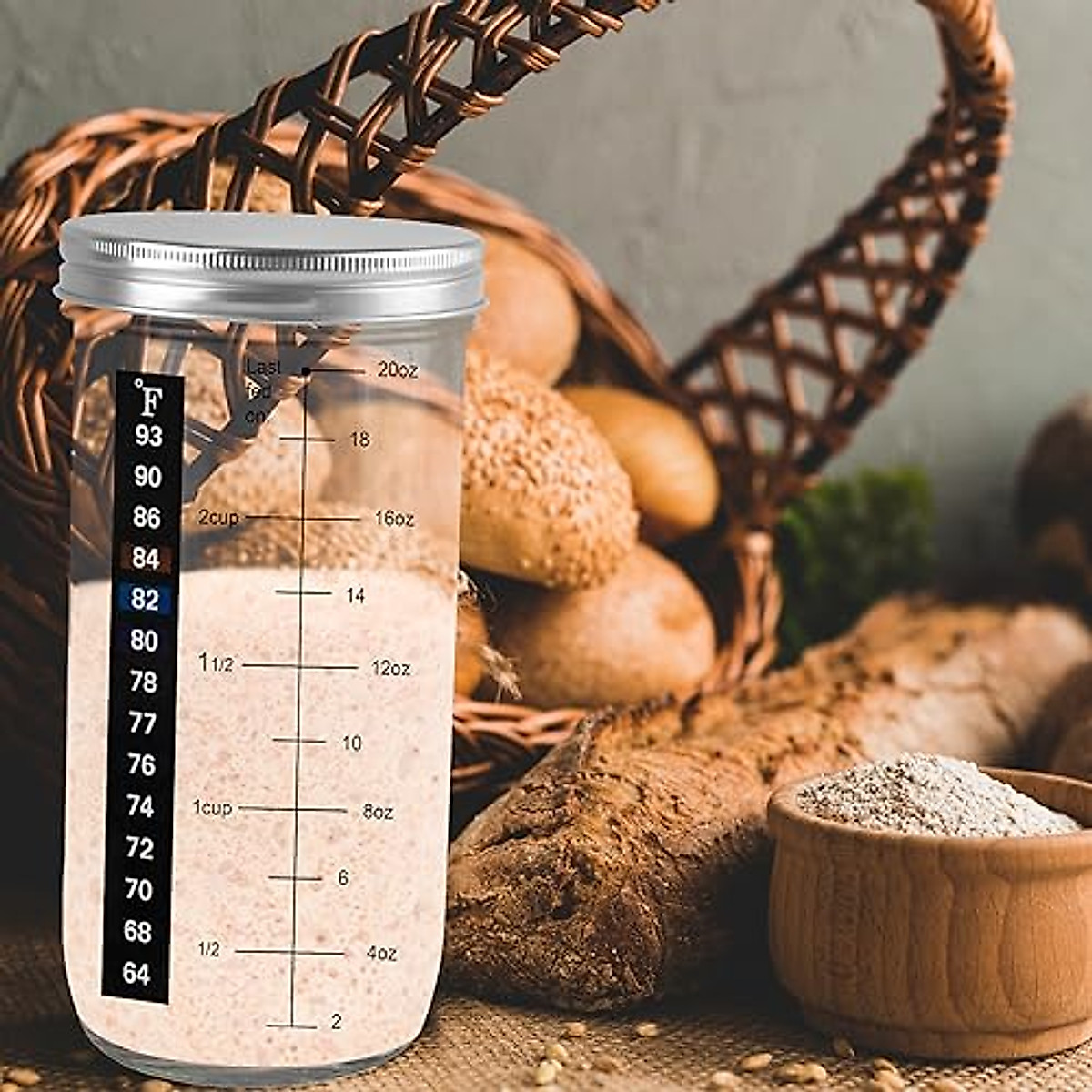 NEOBELLA Sourdough Starter Kit, 24 oz Sourdough Starter Jar with Thermometer, Feeding Date Band, Scraper, Cloth Cover, and Metal Lid. Sourdough Baking