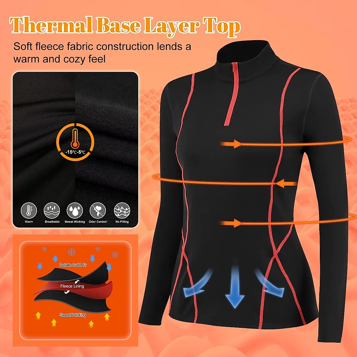 Tesuwel Ski Base Layer Women Cold Weather Long Sleeve Thermal Shirt Women Snowboard Underlayer for Hiking Running Thermal Underwear Top Women Half Zip Athletic Shirts Moisture Wicking 02513 Orange L