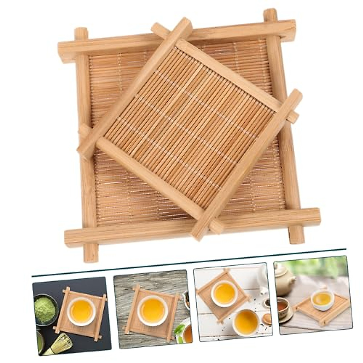 BESTOYARD 2pcs Bamboo Mat Coffee Serving Tray Decorative Coaster Bamboo Tea Serving Tray Decorative Serving Tray Anti Embellishments for Crafting Bamboo Cup Pad Office Breakfast Plate Wooden