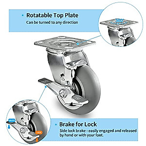 HANDSAMMU 5" x 2" Thermoplastic Rubber Wheels (Crown Tread)-Heavy Duty Casters- 400 Lbs Per Casters- No Noise Plate Caster for Furniture Platform Trucks Workbench (1 Pack Brake)