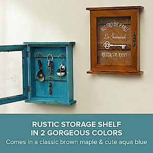 Glass Wooden Box Key Holder for Wall with 6 Hooks - 8.27" x 9.84" x 2.36" Entryway Storage Cabinet - Rustic Decor & Floating Shelf - Key Rings & Mail Organizer Wall Shelf - Vintage Wall Decor - Aqua