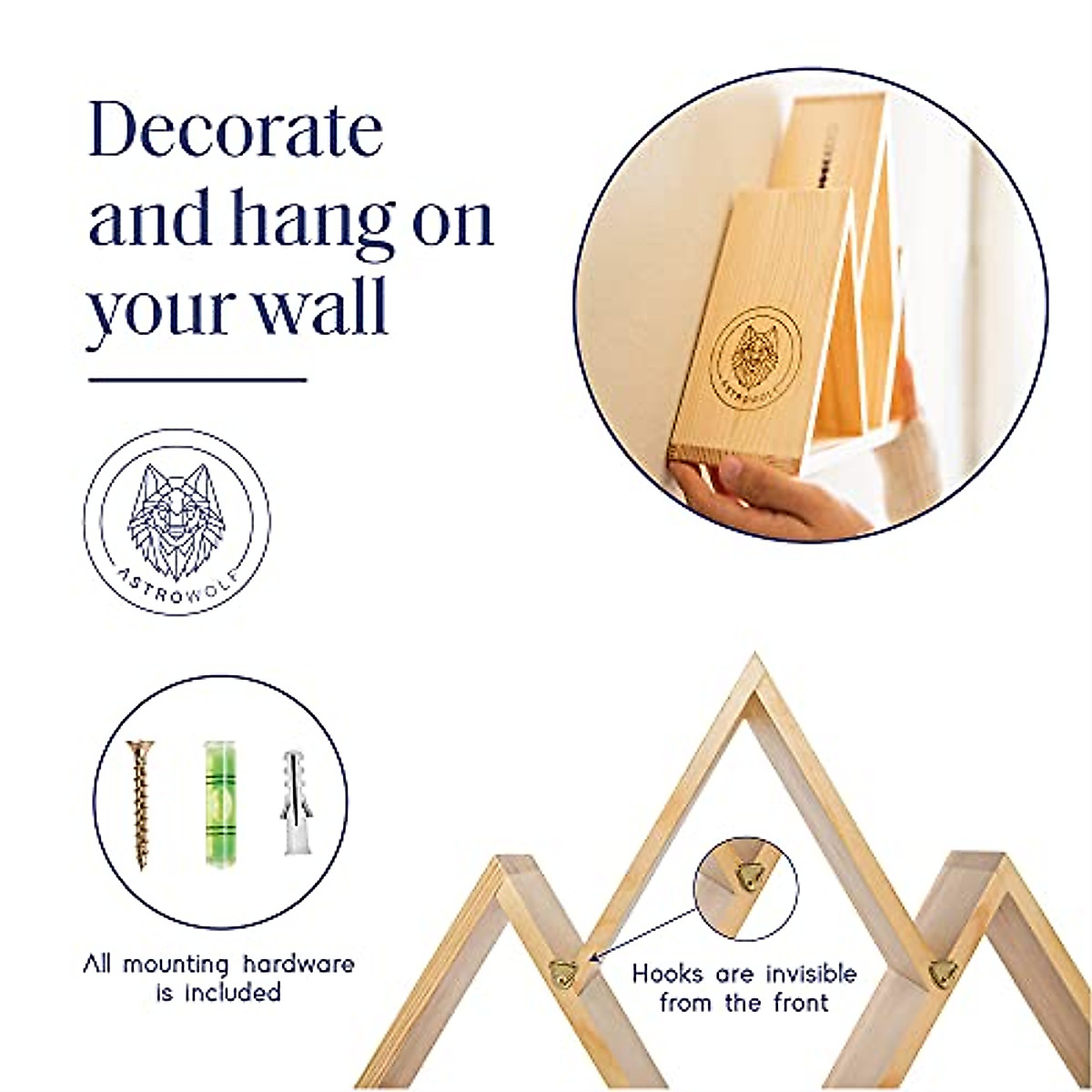 Astrowolf Mountain Floating Shelf, Wooden Mountain Wall Decor for Home, Woodland Nursery, Wood Triangle Shelf for Crystals, Cabin & Bedroom Art Shelves - Great Gifts