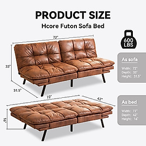 Hcore Convertible Futon Sofa Couch,3” Memory Foam Splitback Sofa,Brown Faux Leather Memory Foam Loveseat,Small Euro Lounger Sofa for Compact Living Spaces,Apartment,Studio,Office/Cushion Thickening