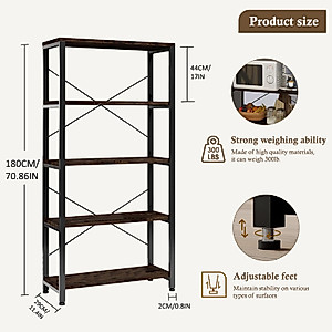 VKETU Tall Bookshelf, 5 Tier Etagere Bookcase, Free Standing Open Book Shelves, Rustic Industrial Bookshelf with Metal Frame, Storage Display Shelf for Bedroom Home Office Living Room (Brown)