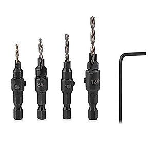 6 Pcs Countersink Drill Bit Set, 1/4 inch Hex Shank HSS Drill Bits #6#8#10#12 Countersink Woodworking Tool with L-Wrench