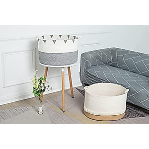 Decospark XXXL Cotton Rope Basket For Toy And Blanket Storage| 21.7" x 13.8" | Soft Long Handles | Decorative Home Organizer Ideal For Living Room, Baby Clothes And Laundry (Grey and White)