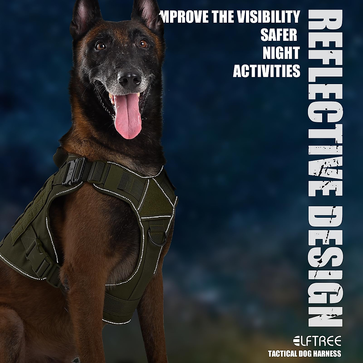 ELFTREE Tactical Dog Harness, 2X Metal Buckle, Military Reflective Dog Harness with Hidden Airtag Holder and Handle, Adjustable No-Pull Service Dog Vest with Molle & Loop Panels