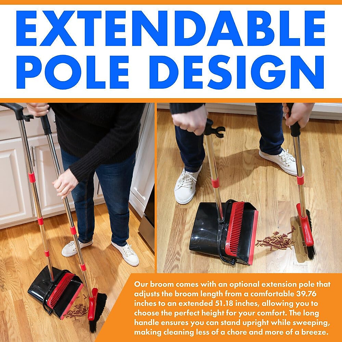 Hub City Industry Heavy Duty Broom and Dustpan Combo Set with Commercial Long Handle for Lobby, Home, Office, Cleaning Supplies, Upright Grips Sweep Set with Broom for Floor Cleaning, Red/Black