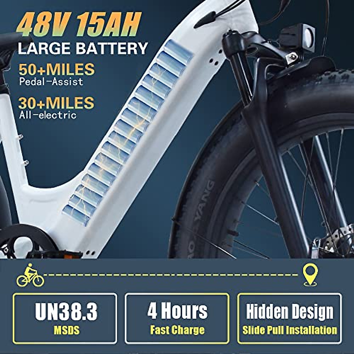 Fat Tire Electric Bike 750W 48V 15Ah BAFANG Hub Motor LG Cell Removable Downtube Integrated Battery 26”×4" High Rise Handlebar Mud Guard Rear Rack 28MPH Road City Shimano 7 Speed UL Ebike for Women