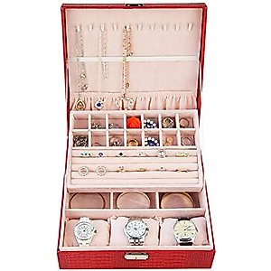 ZZYINH AN207 PU Exquisite Leather Jewlery Box Watch Box with Lock Packaging Jewlery Boxes Earrings Rings Bracelet Display Holder Case Small Jewelry (Color : Red)