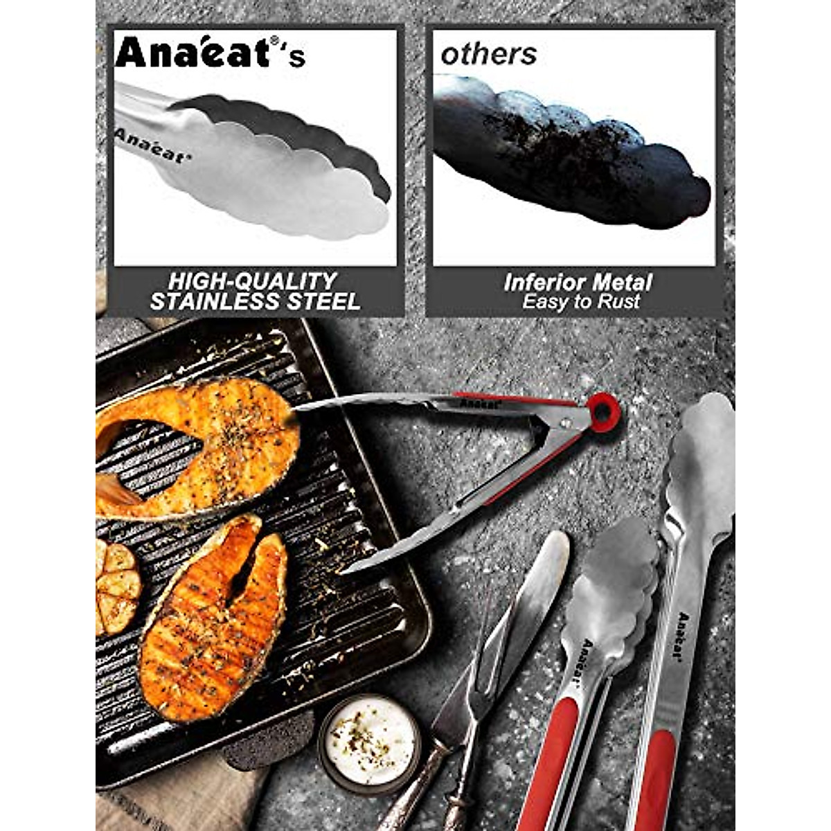 Anaeat Sturdy Mini Kitchen Tong - High Heat Resistant Cooking Tongs - 7 Inch Non-Slip Stainless Steel Small Locking Tongs for Grilling, Cooking, Turning and Barbecue