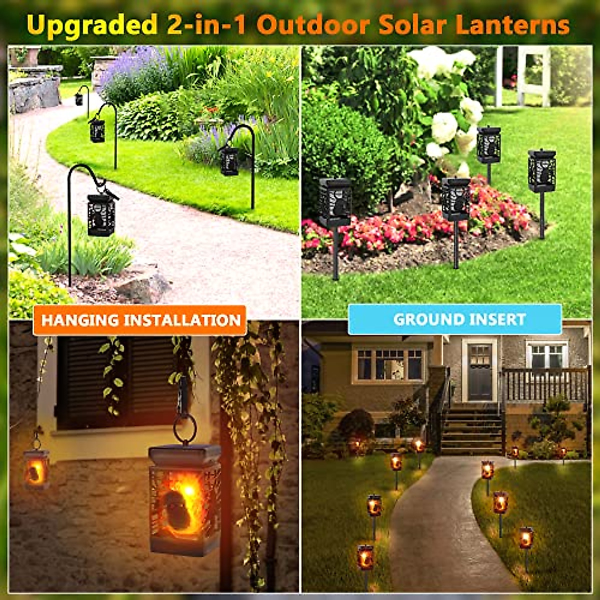 4 Pack Solar Outdoor Lights, AOUNQ 2 in 1 Flickering Flame Solar Hanging Lanterns Outdoor Christmas Decorations, Solar Christmas Lights Outdoor Waterproof LED Flame Lights for Garden Patio Yard Decor