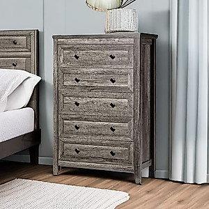 LUXOAK Farmhouse 5 Drawers Dresser, Wood Rustic Chest of Drawers for Bedroom, Tall Dressers Organizer with Metal Handles, 5 Drawers Chest for Living Room, Hallway, Entryway, Grey