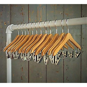 NAHANCO MINI6RC12 Deluxe Flat Wooden Pet, Doll Clothes, Accessory, Jewelry Hanger with Chrome Hook Ball end with Clips, 6", Natural (Pack of 12), Natural Finish