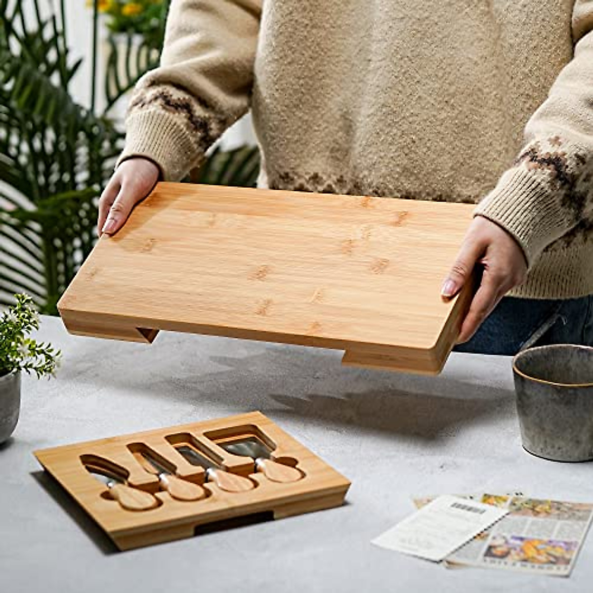 BIGTREE Bamboo Cheese Board and Knife Set, Charcuterie Board Serving Tray, Wine Meat Cheese Platter