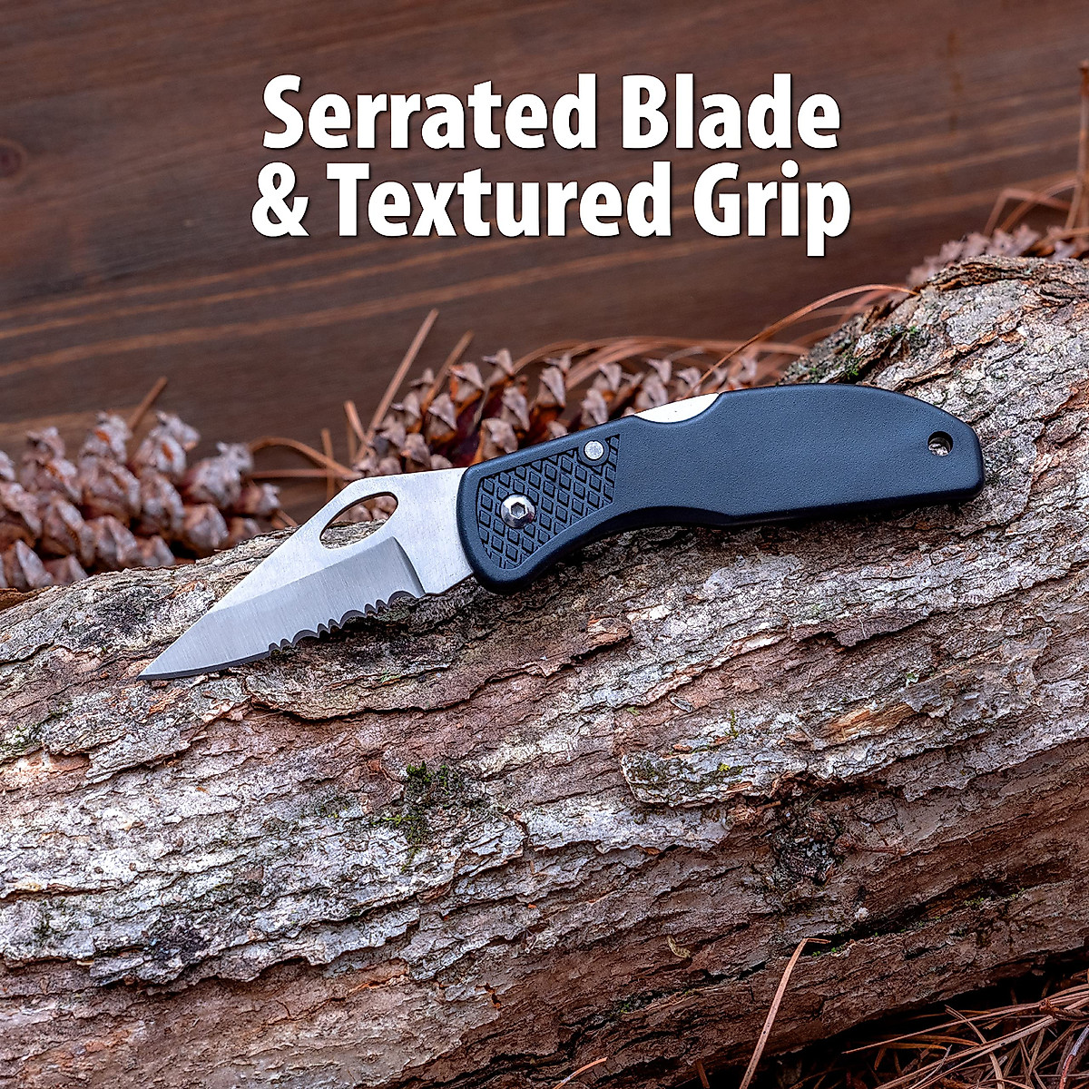 Maxam Lockback 7 (Open) Inch Pocket Knife - Stainless Steel Half Serrated Blade, Textured No-Slip Handle, Carry Clip, Black