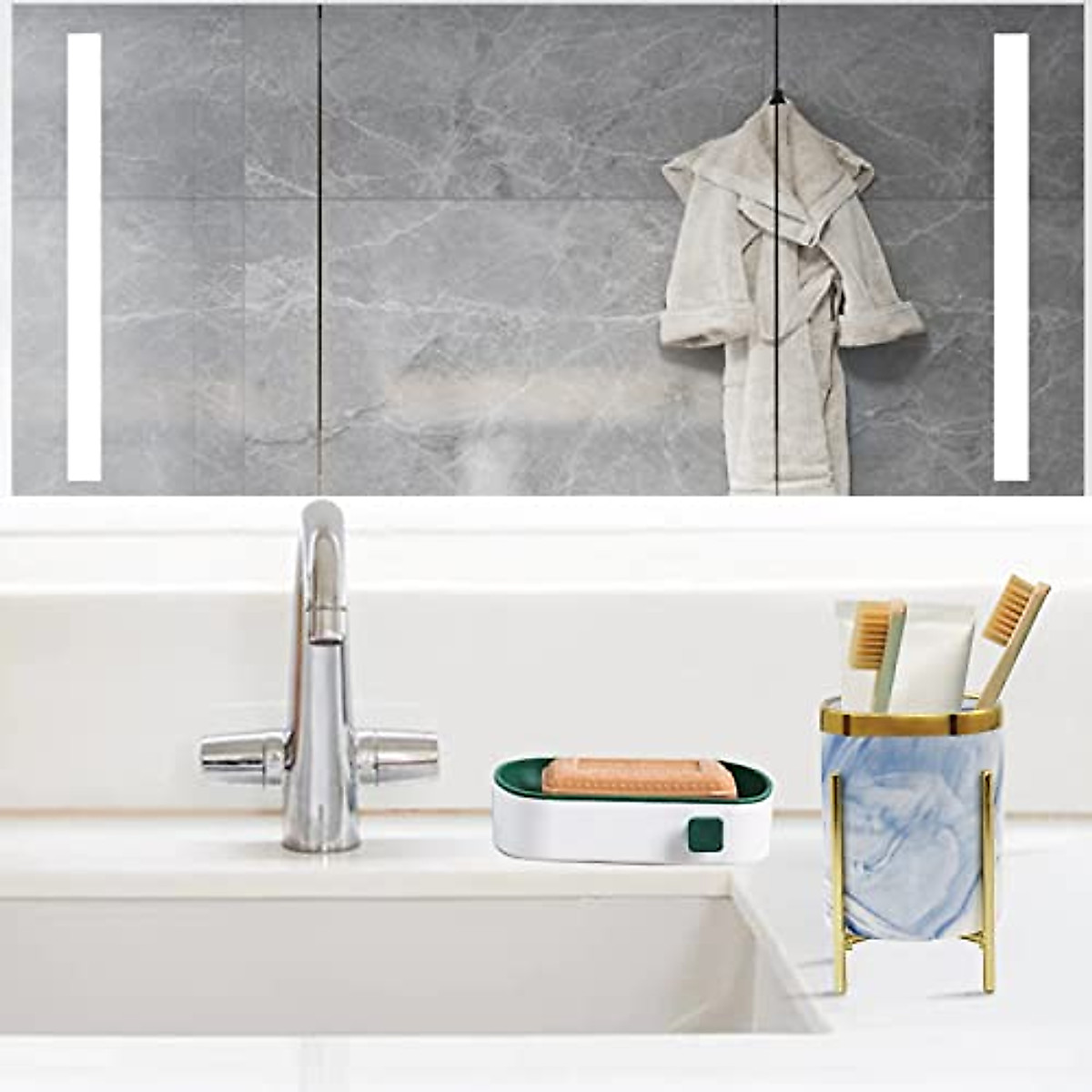 Rotating Marble Utensil Holder for Kitchen Countertop, Spoon Holder for Dining Table, Marble Ceramics with Durable Metal Frame 3.15 * 4.7 inch Blue and Gold 2 PCS