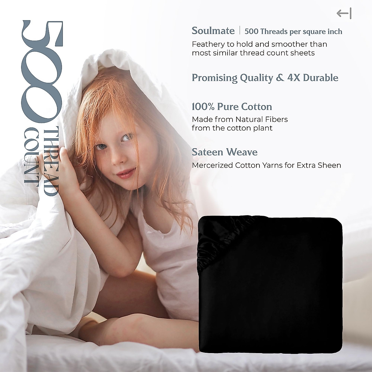 Mayfair Linen Twin XL Fitted Sheet Only - 100% Cotton 500 Thread Count 16" Deep Pocket Fitted Sheet Twin XL, Soft Cooling Sateen Weave Durable Bottom Sheet, Fits College Dorm Mattress, Teens - Black