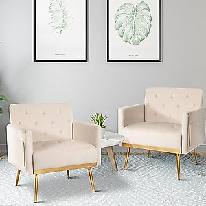 COCO DESIGN Velvet Accent Chair Set of 2 w/Gold Metal Legs, Mid Century Modern Reading Chair w/Side Pocket，Comfy Single Sofa Armchair for Living Room, Bedroom, Beige