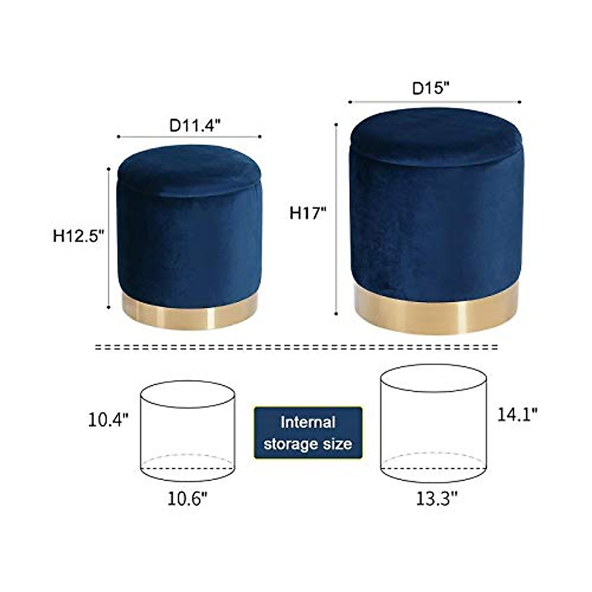 DEERUN Round Velvet Storage Ottoman Foot Rest Stool/Upholstered Footstool with Gold Plating Base,Pack of 2 (Blue)