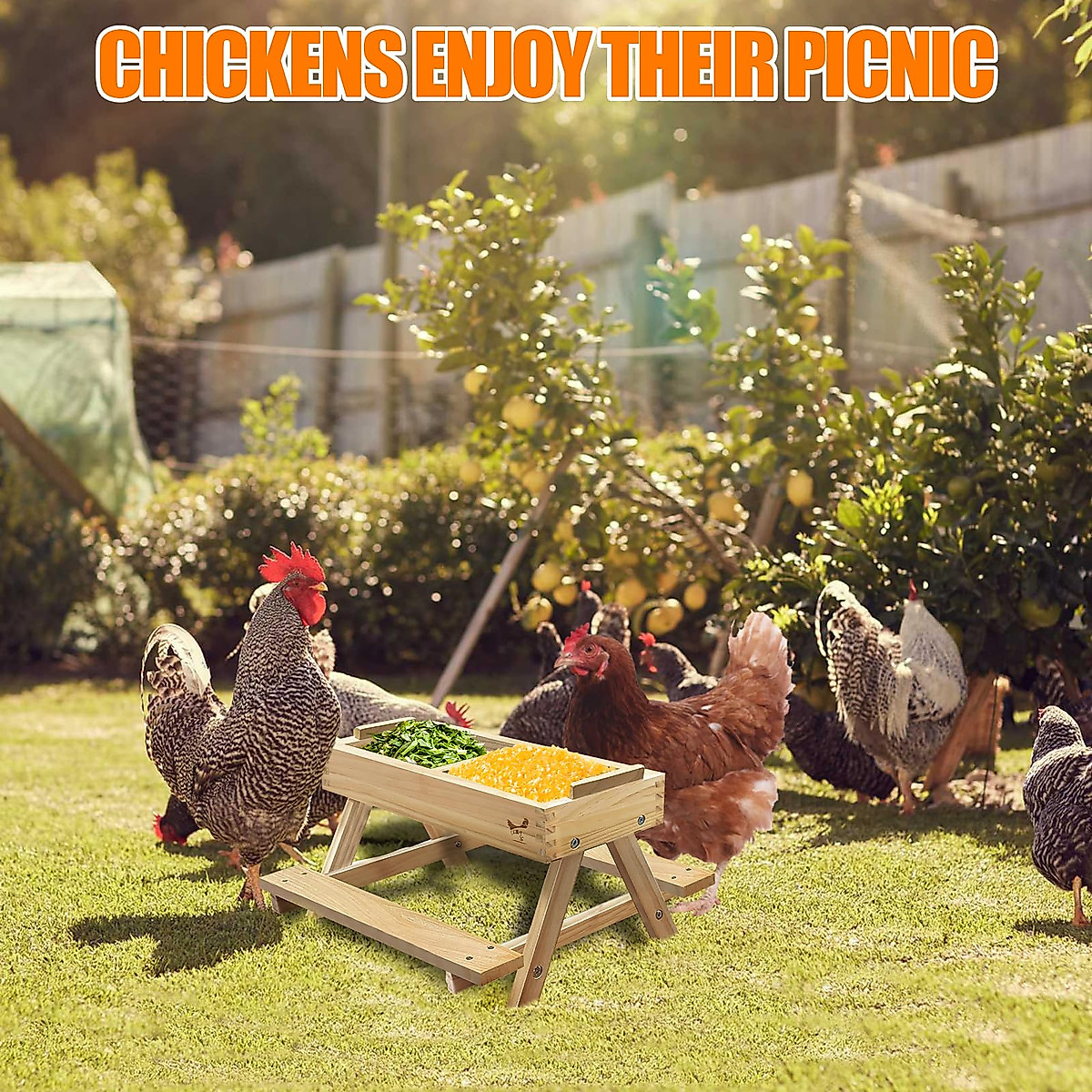 COLRASN Chicken Picnic Table,Chicken Feeder No Waste Handmade Wooden, DIY Chicken Feeder Kit, 15.7" L X 15" W X 10" H, Duck Feeder No Mess, Easy to Clean and Fill, Keep Food Fresh and Dry